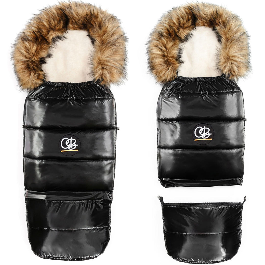 Satin Black Organic Premium Beige Wool Adjustable Footmuff | Cover Baby LLC
